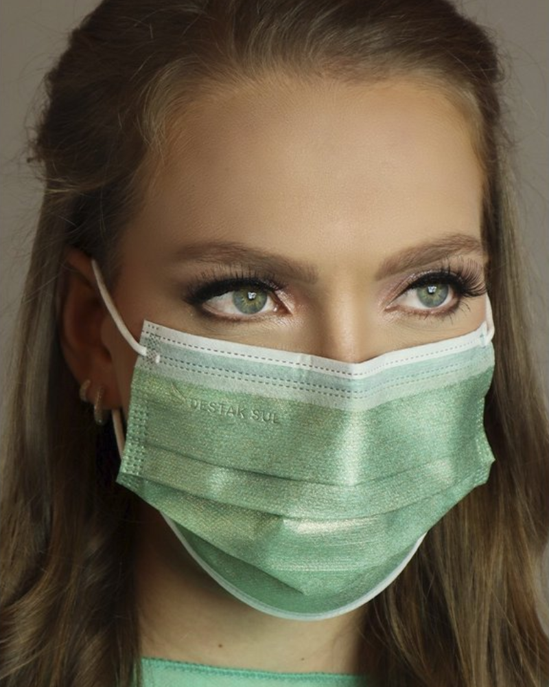 Máscara descartável cirúrgica brilho- verde gold com elástico branco - Rosana Furman Andreatta ...