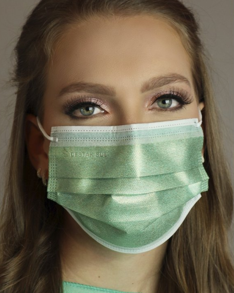 Máscara descartável cirúrgica brilho- verde gold com elástico branco - Rosana Furman Andreatta ...